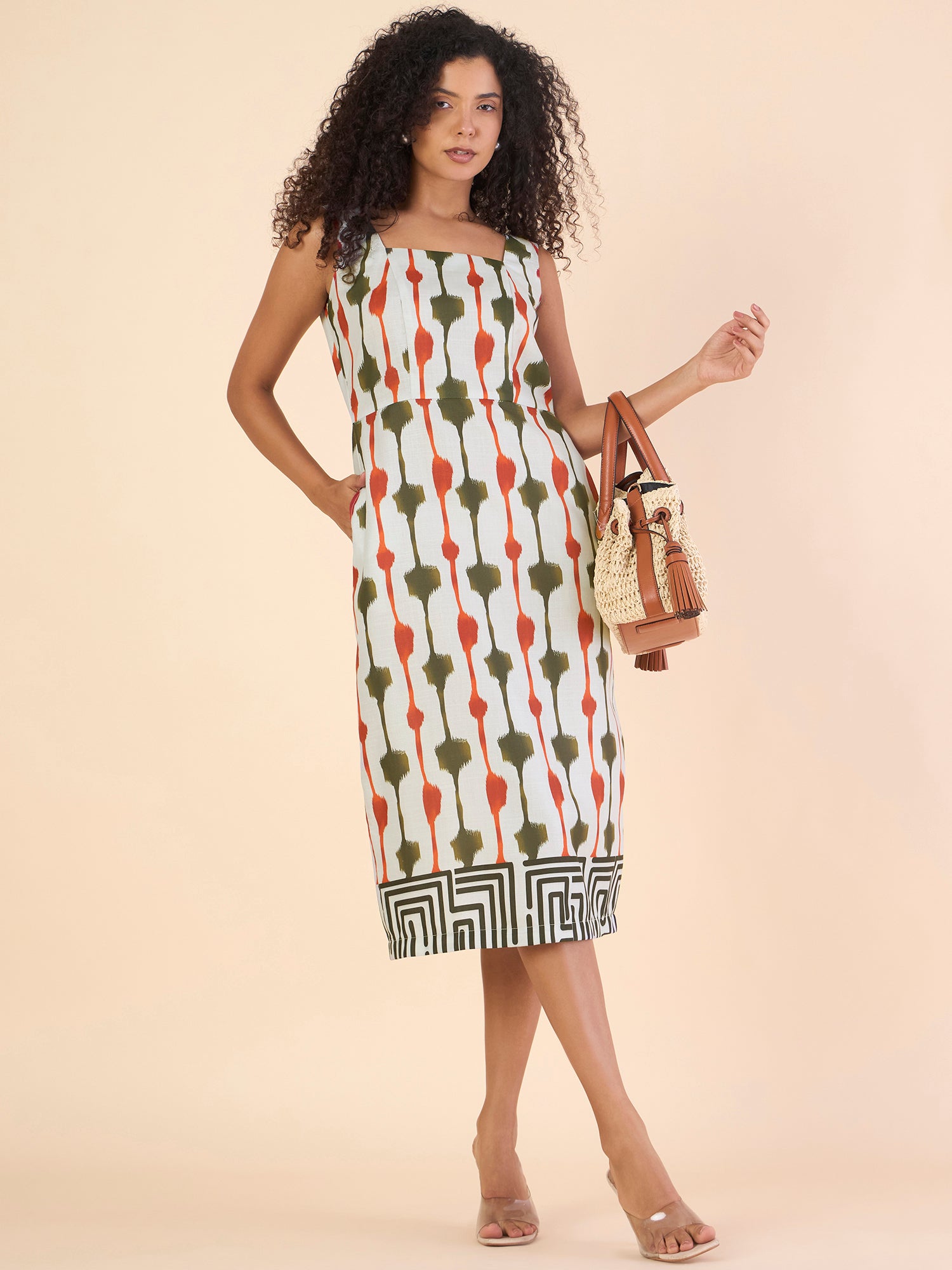 Women Classic Square Neck A-Line Printed Midi Length Dress