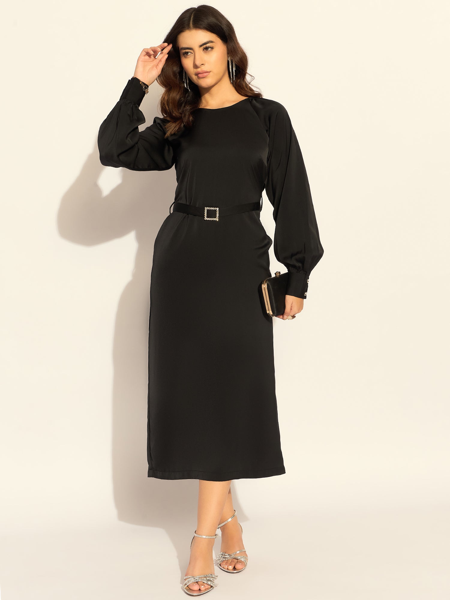 Chic Semi-Fitted Midi Dress With Gentle Puff Sleeves In Soft Satin Fab