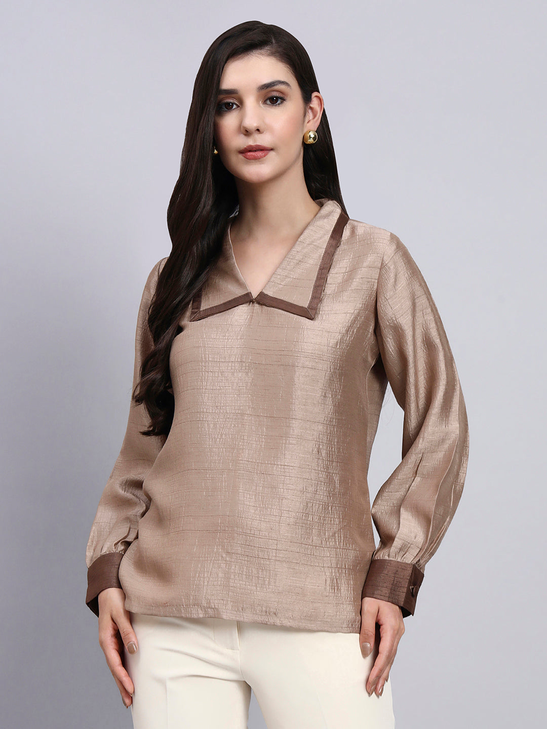 Women Brown Contrast Collar Detailing Top
