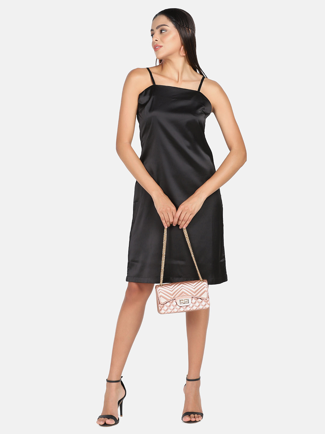 Satin Spaghetti Dress - Black